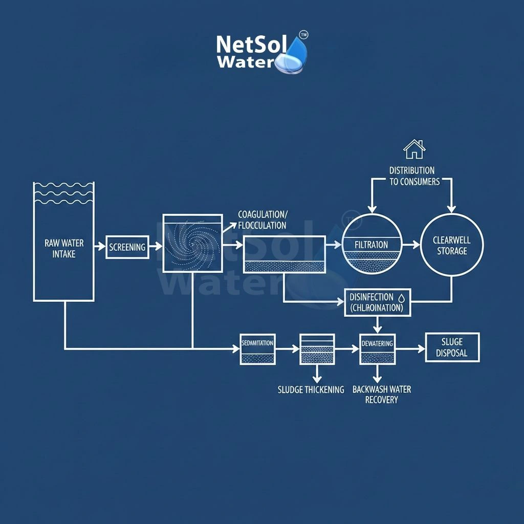 Explain Flow Diagram of Water Treatment Plant